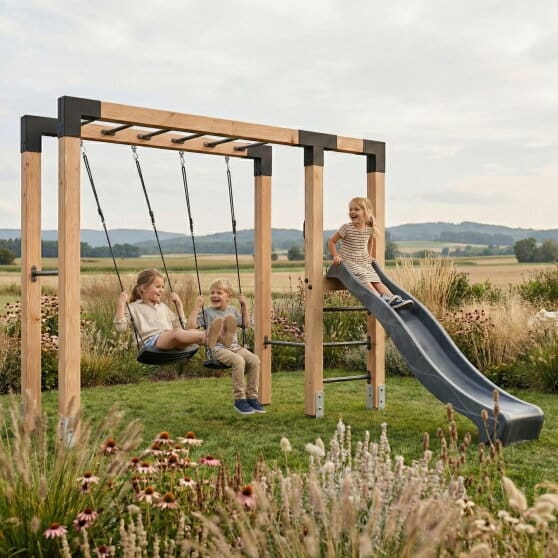 EXIT Linea Robust 110 houten monkeybar met dubbele schommel en glijbaan ...