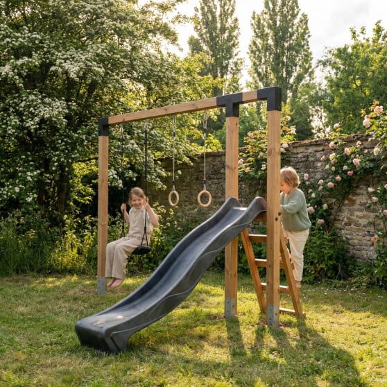 EXIT Linea Robust 110 houten schommel met glijbaan en turnringen - Bear ...